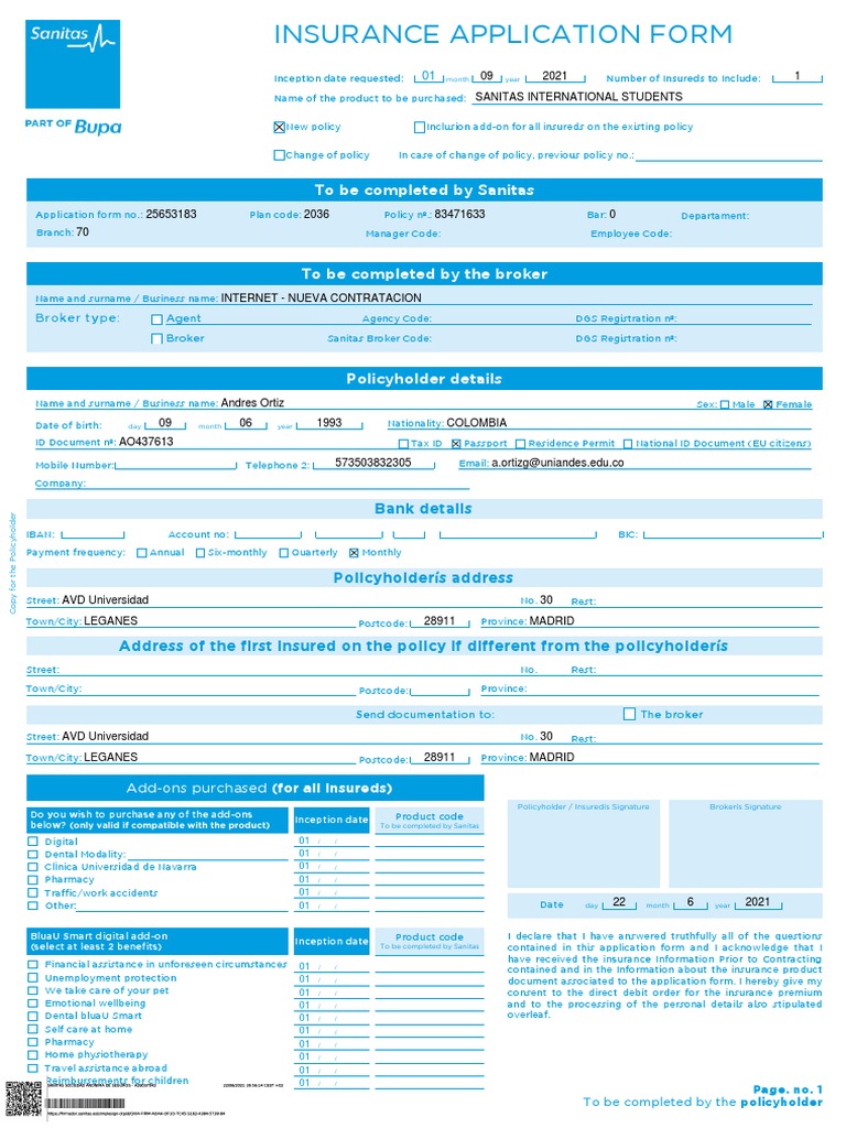 Insurance Application Form: To Be Completed by Sanitas | Download Free ...