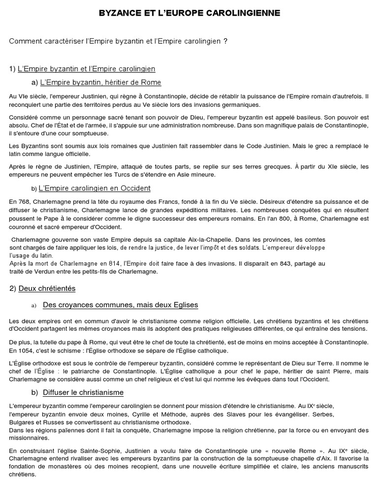 Cours 5eme Histoire L'Empire Romain D'orient Et L'empire Carolingien ...
