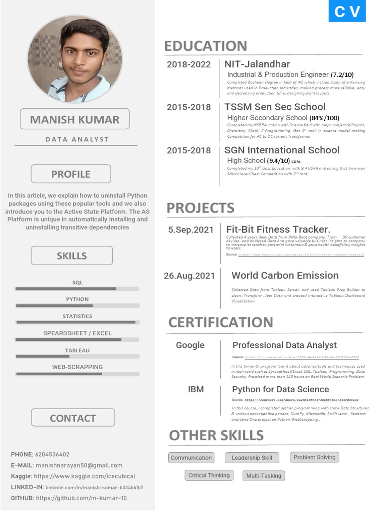 CV-Manish Kumar | PDF | Data Analysis | Microsoft Excel