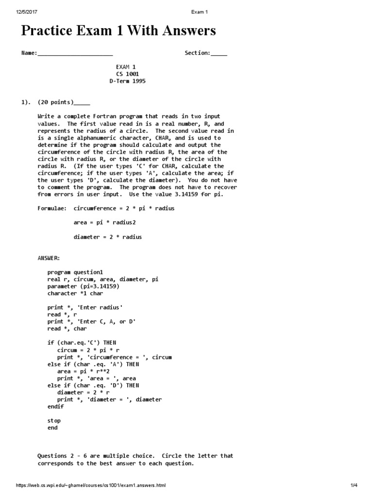 Practice Exam 1 With Answers | Download Free PDF | Area | Computer Science