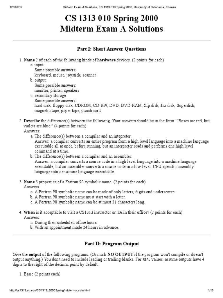 Midterm Exam A Solutions, CS 1313 010 Spring 2000, University of ...