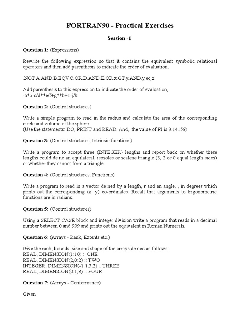 FORTRAN90 - Practical Exercises: Session - 1 | PDF | Subroutine | Array Data Structure