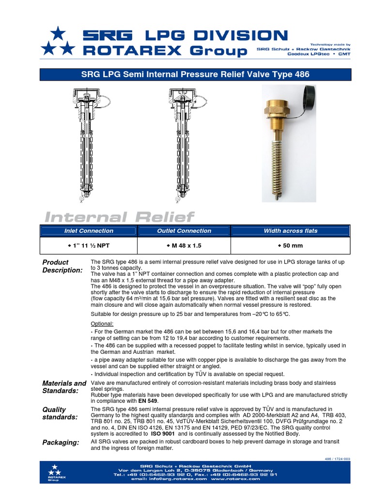 SRG LPG Semi Internal Pressure Relief Valve Type 486: Inlet Connection ...