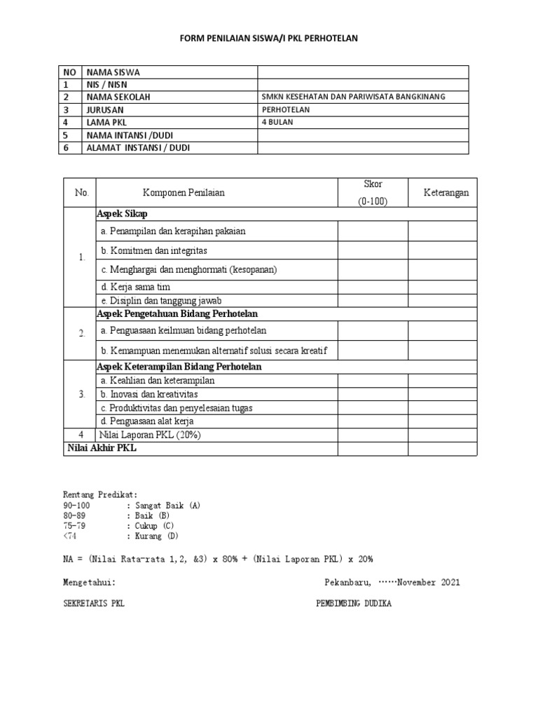 Format Penilaian PKL Perhotelan Sesuai Format Kemendikbud | PDF