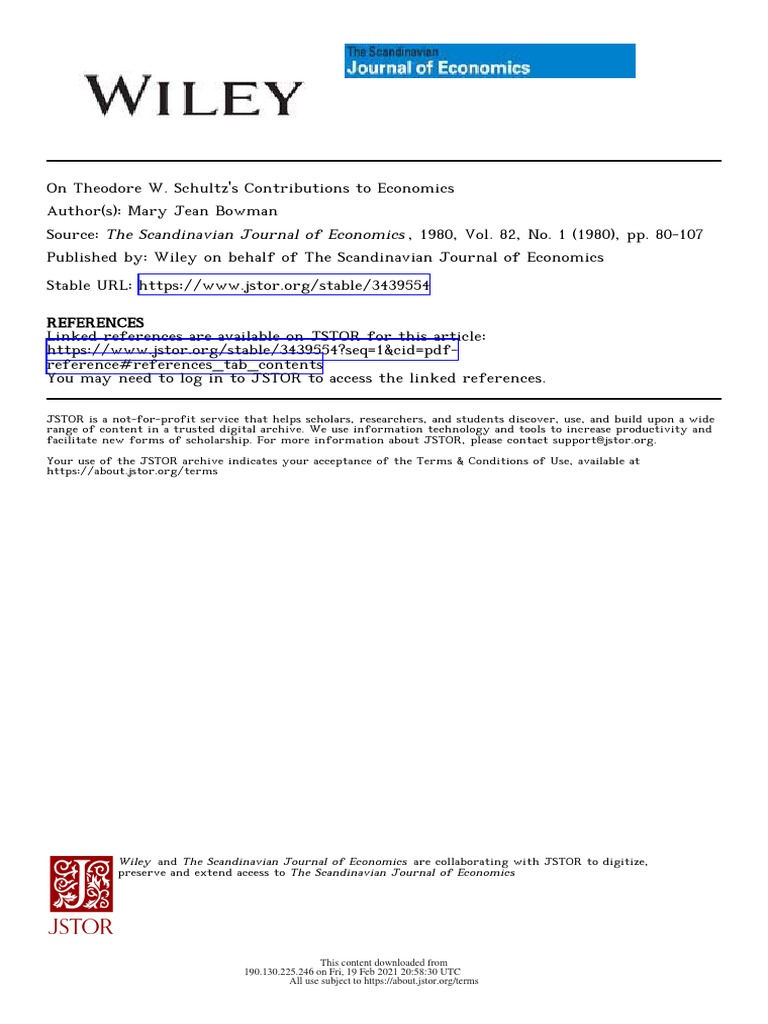 On Theodore W. Schultz's Contributions To Economics | PDF | Human Capital | Economics