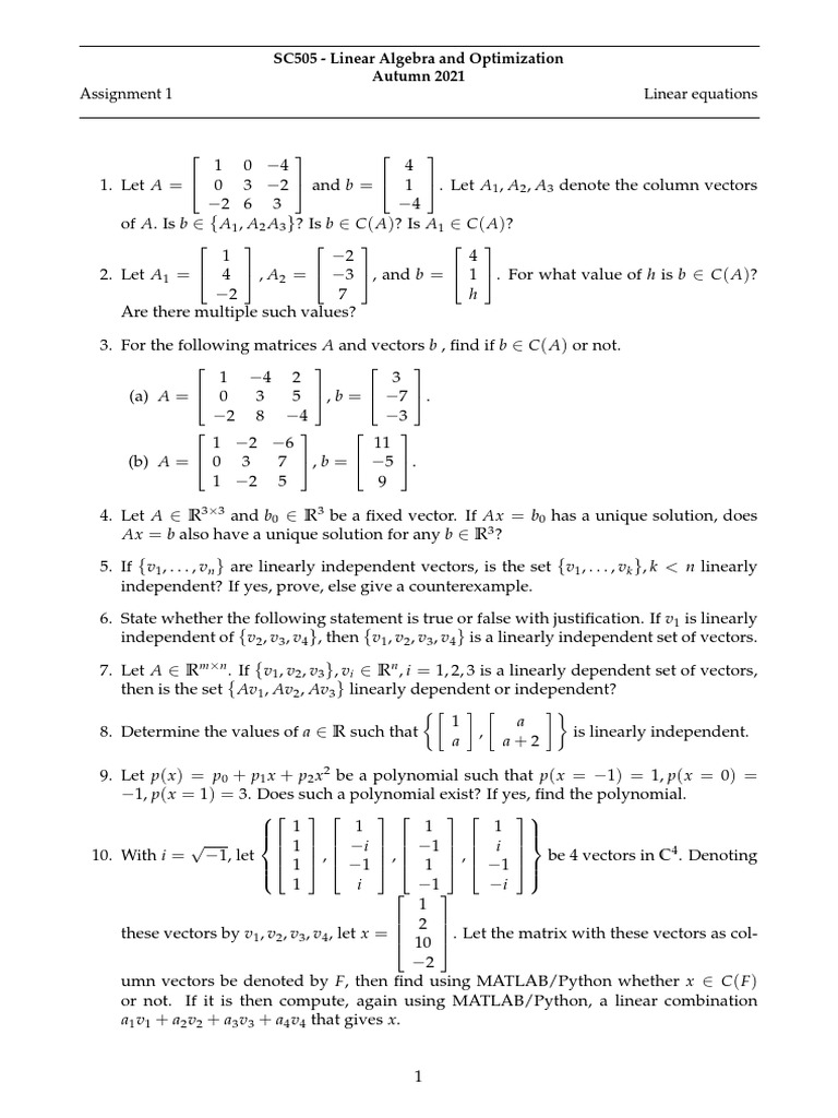 Assignment 1 Linear Equations: SC505 - Linear Algebra and Optimization Autumn 2021 | PDF ...