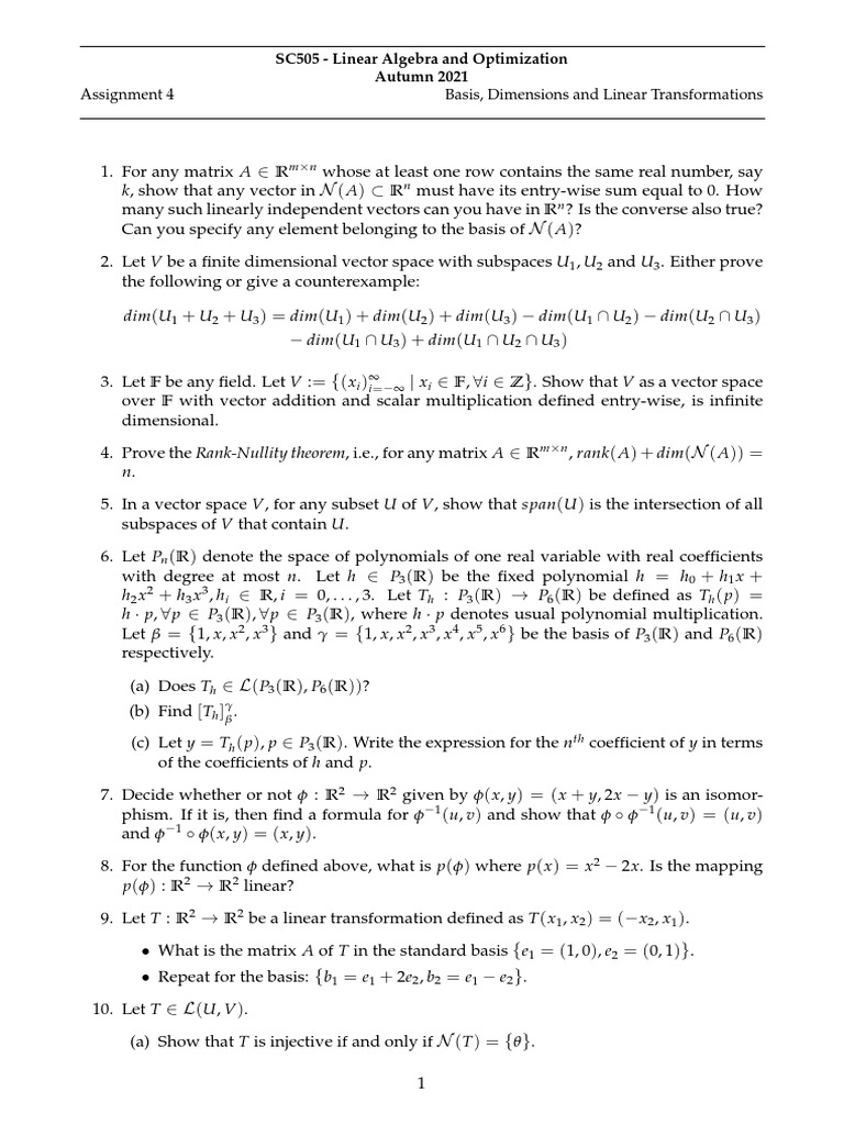 Linear Algebra Concepts Covered In Assignment 4 Basis Dimensions Linear Transformations And