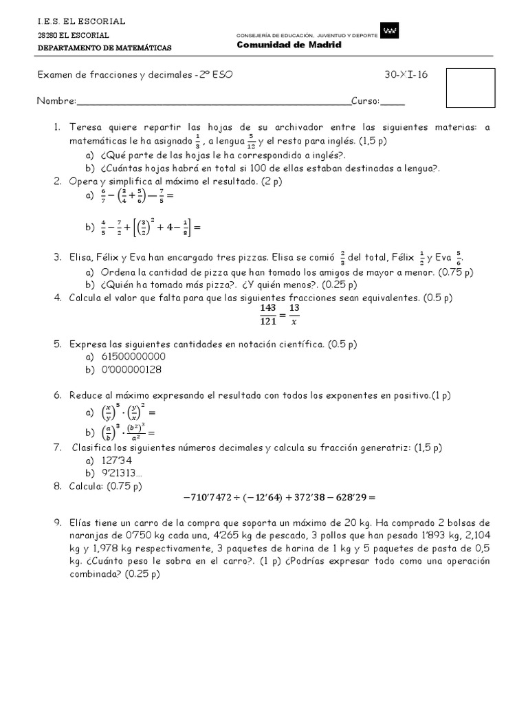 Examen Fracciones y Decimales | PDF