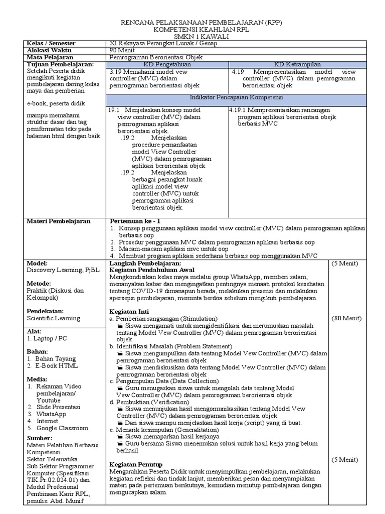 RPP Pemrograman Berorientasi Objek MVC | PDF