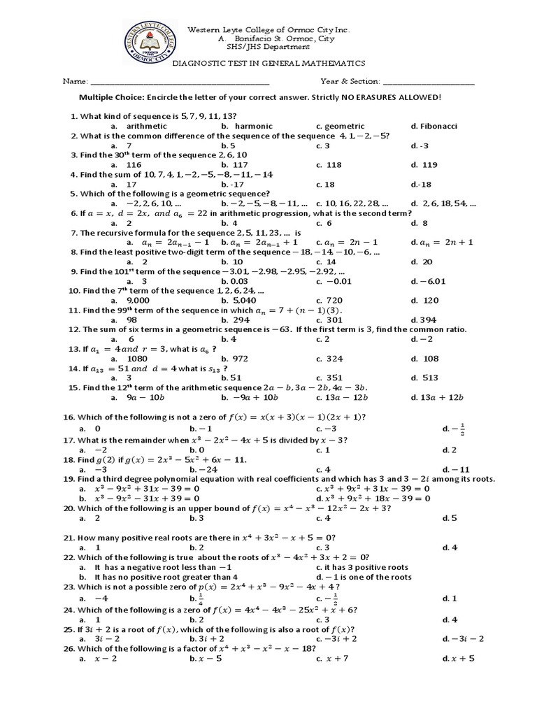 Diagnostic Exam in General Mathematics | PDF | Zero Of A Function ...