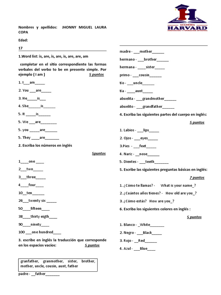 Examen de Ingles Basico | PDF
