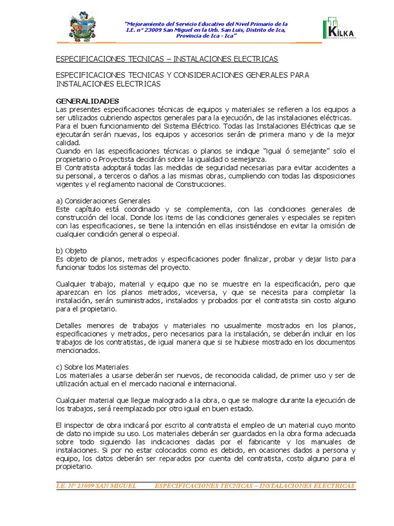 Especificaciones Tecnicas Instalaciones Electricas | PDF | Enchufes y tomas de corriente alterna ...