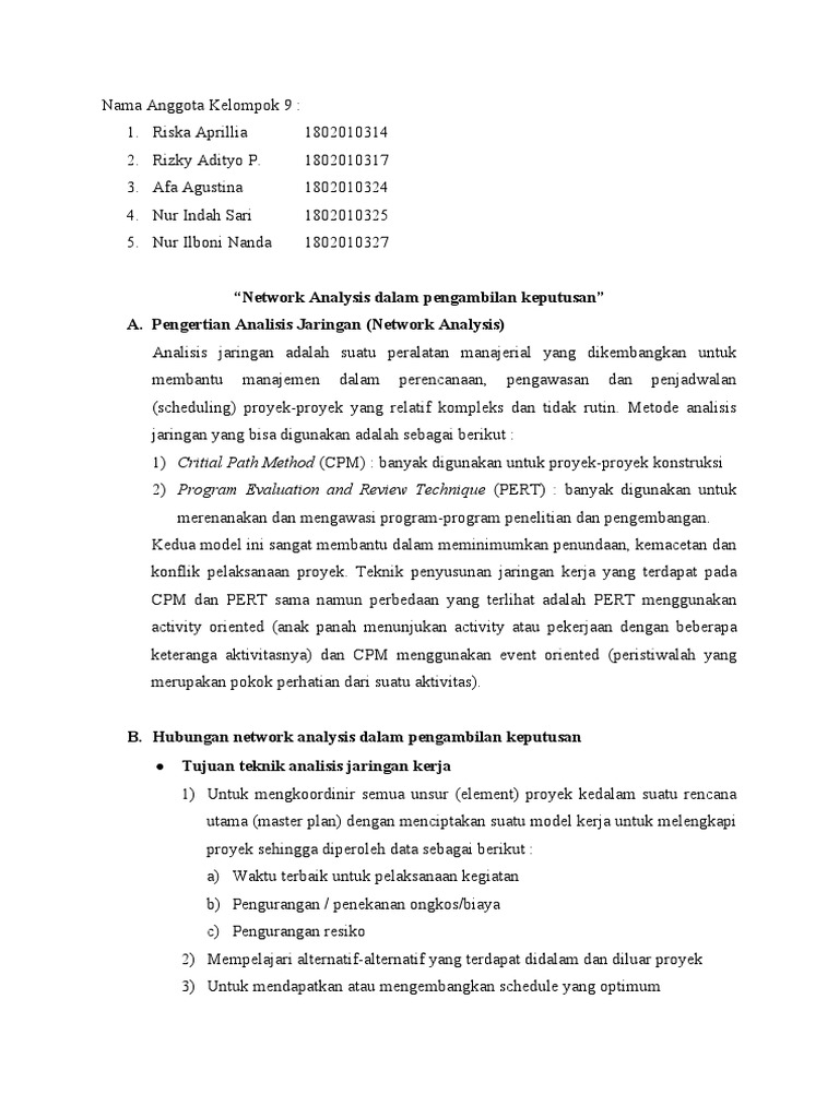Tugas TPK - Network Analysis Dalam Pengambilan Keputusan - Kelompok 9 | PDF