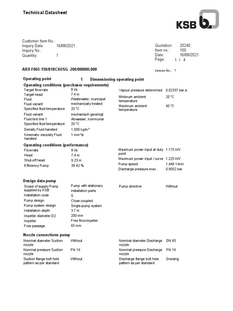ARX 150 Pump Technical Datasheet | PDF | Pump | Electric Motor