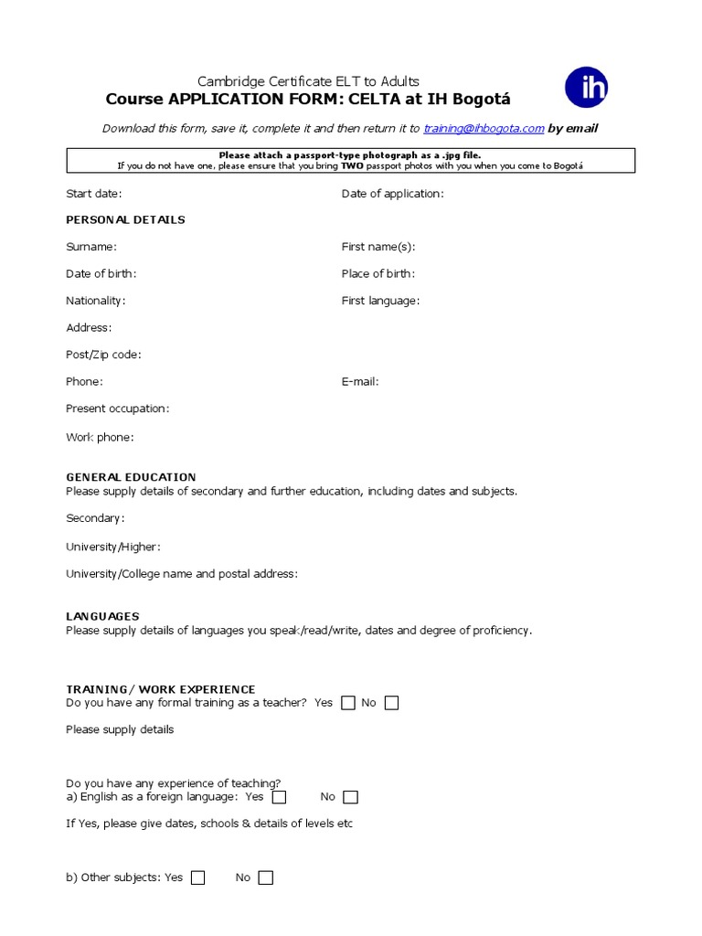 Course Application Form: Celta at Ih Bogotá: Cambridge Certificate ELT ...