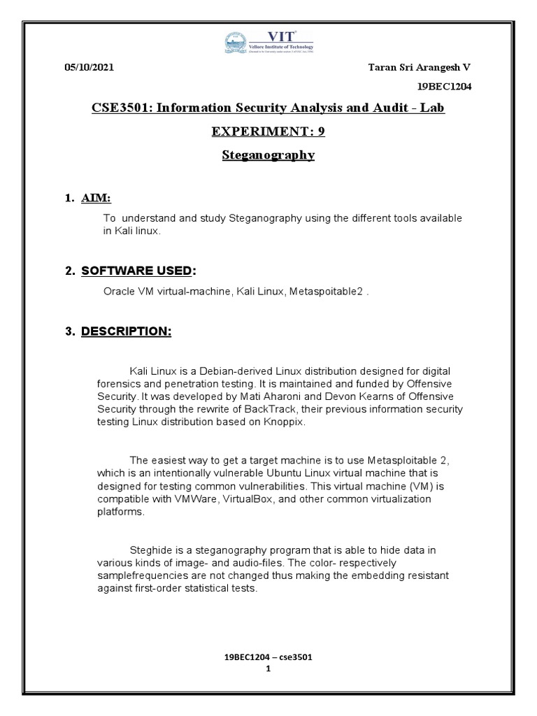 CSE3501: Information Security Analysis and Audit - Lab Experiment: 9 Steganography | PDF ...