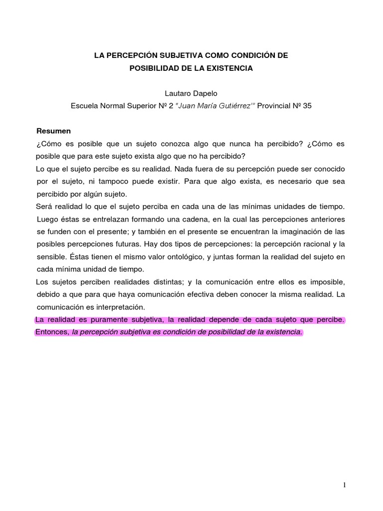 Percepcion Subjetiva | PDF | Realidad | Percepción