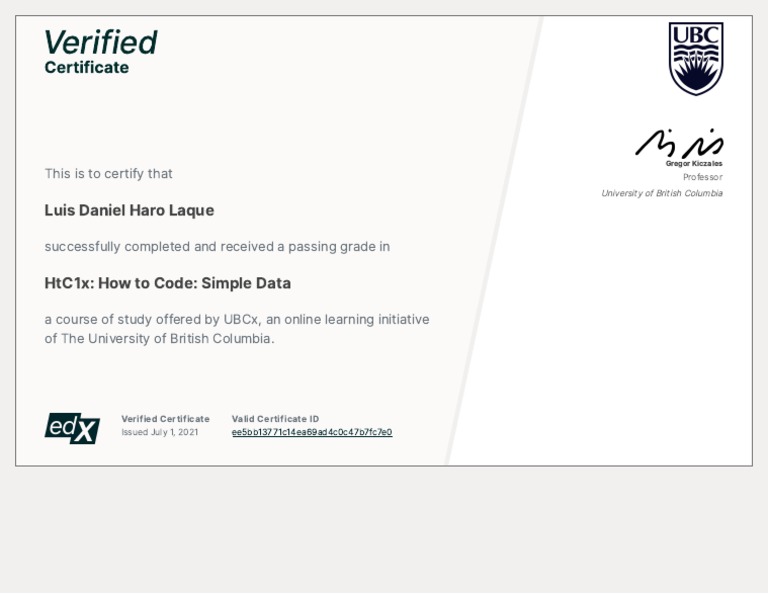 UBCx HtC1x Certificate - EdX | PDF