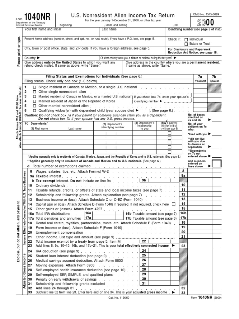 US Internal Revenue Service: f1040nr - 2000 | PDF | Irs Tax Forms | Tax ...