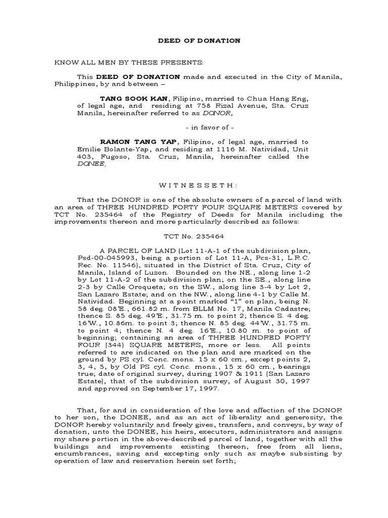 DEED OF DONATION Ramon Tang Yap | PDF | Manila | Common Law