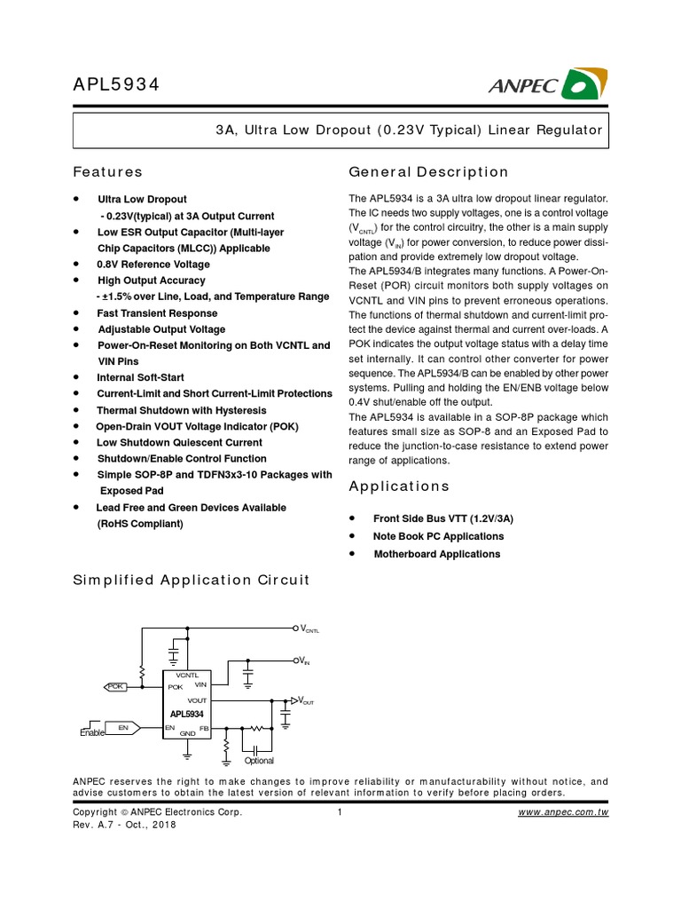 Features General Description: 3A, Ultra Low Dropout (0.23V Typical ...