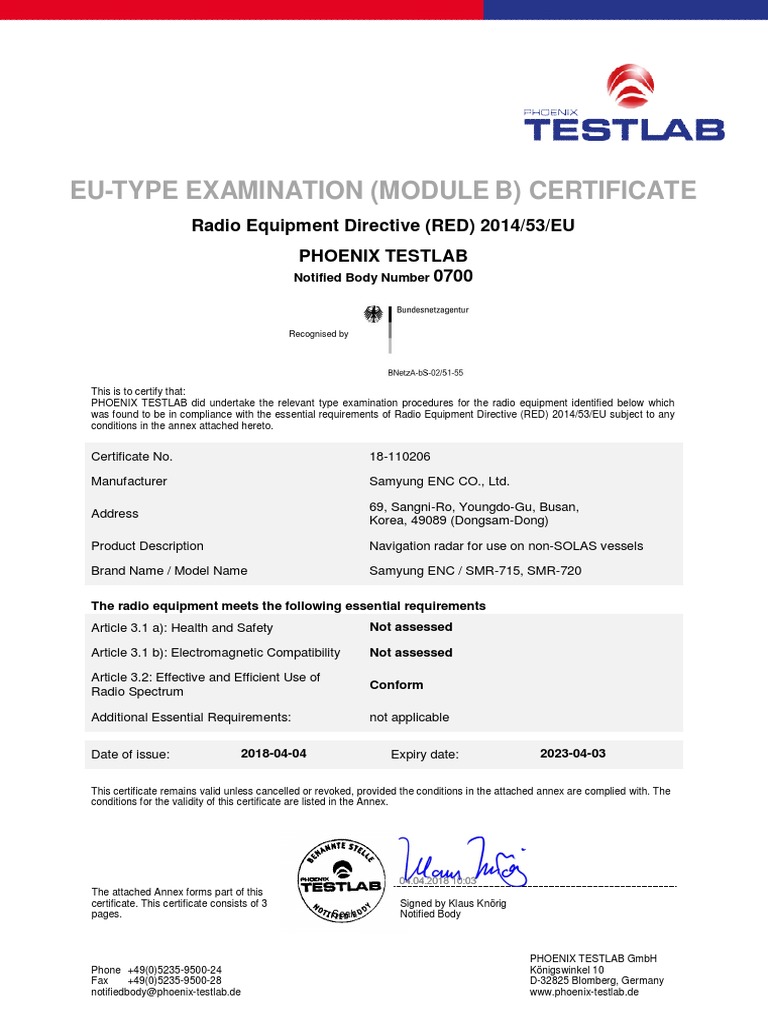 Eu-Type Examination (Module B) Certificate: Radio Equipment Directive ...