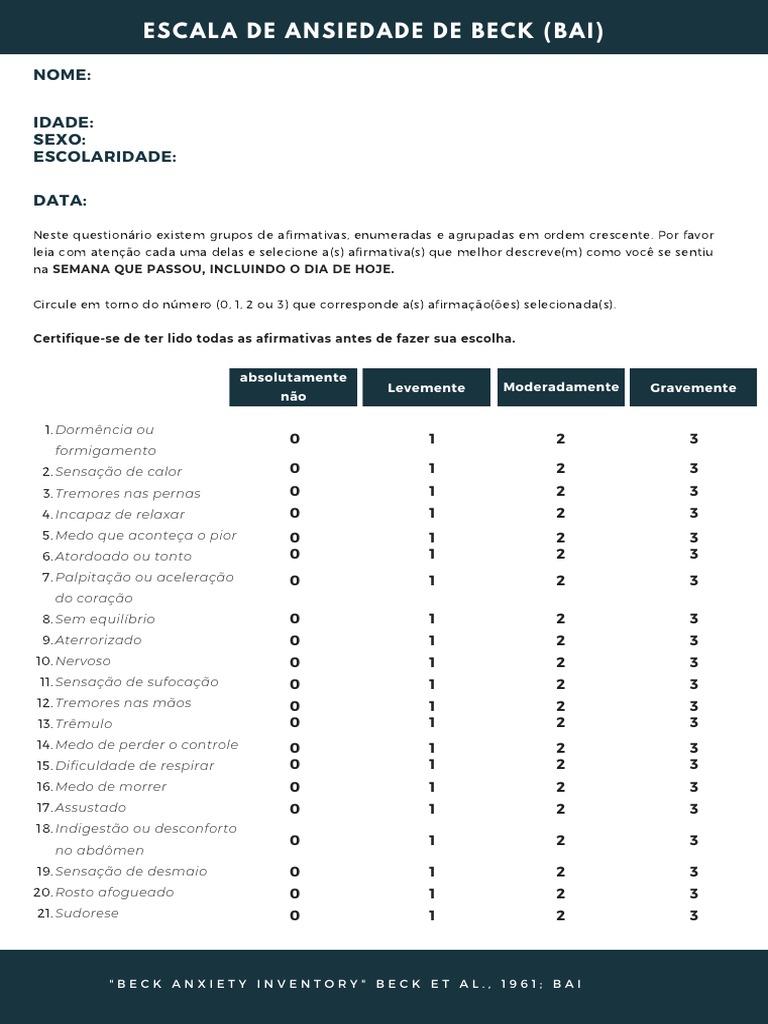 ESCALA DE Ansiedade DE BECK (BAI) | PDF
