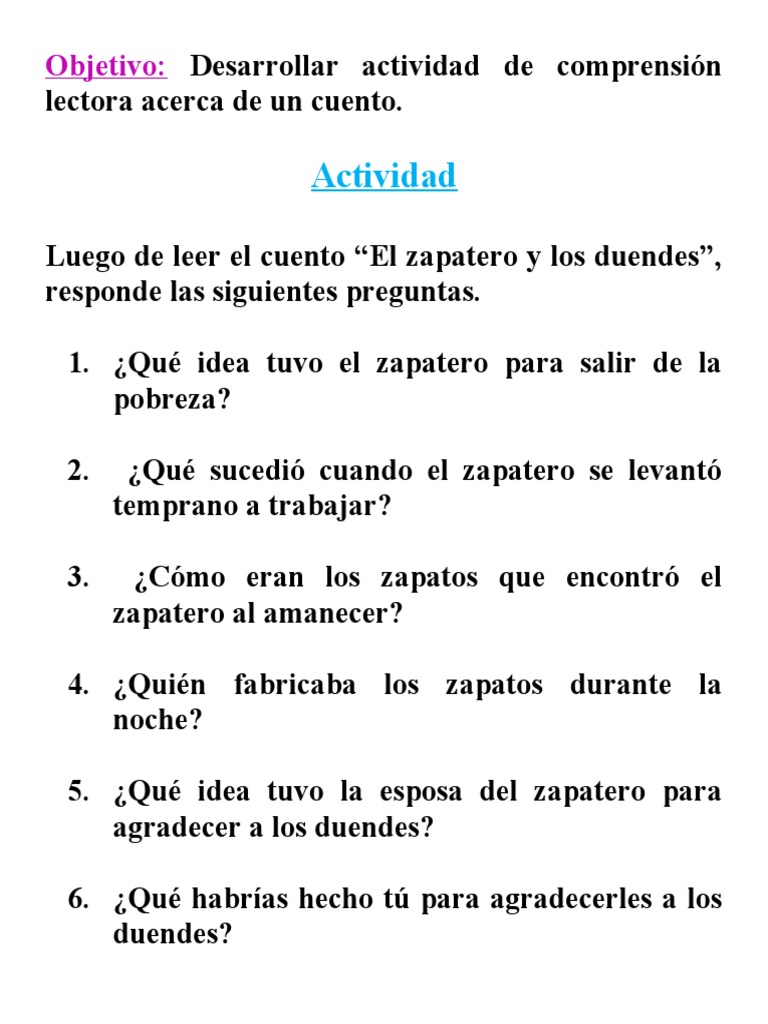 El Zapatero y Los Duendes - Actividades | PDF