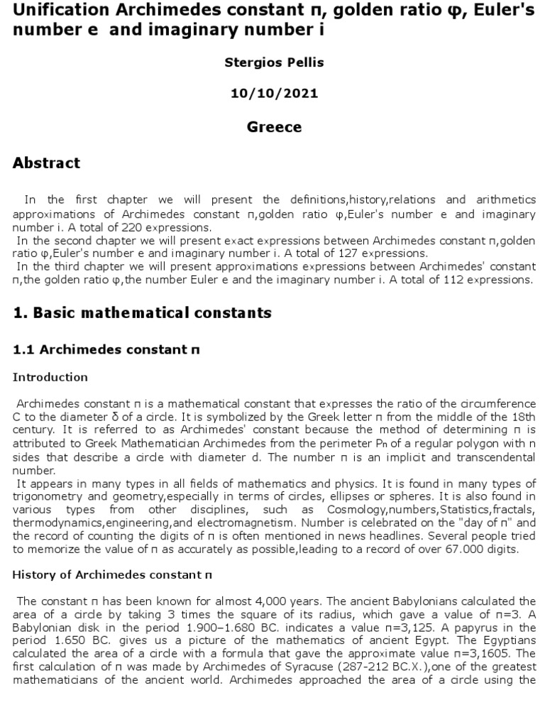 Unification Archimedes Constant π, Golden Ratio φ, Euler's Number e and ...