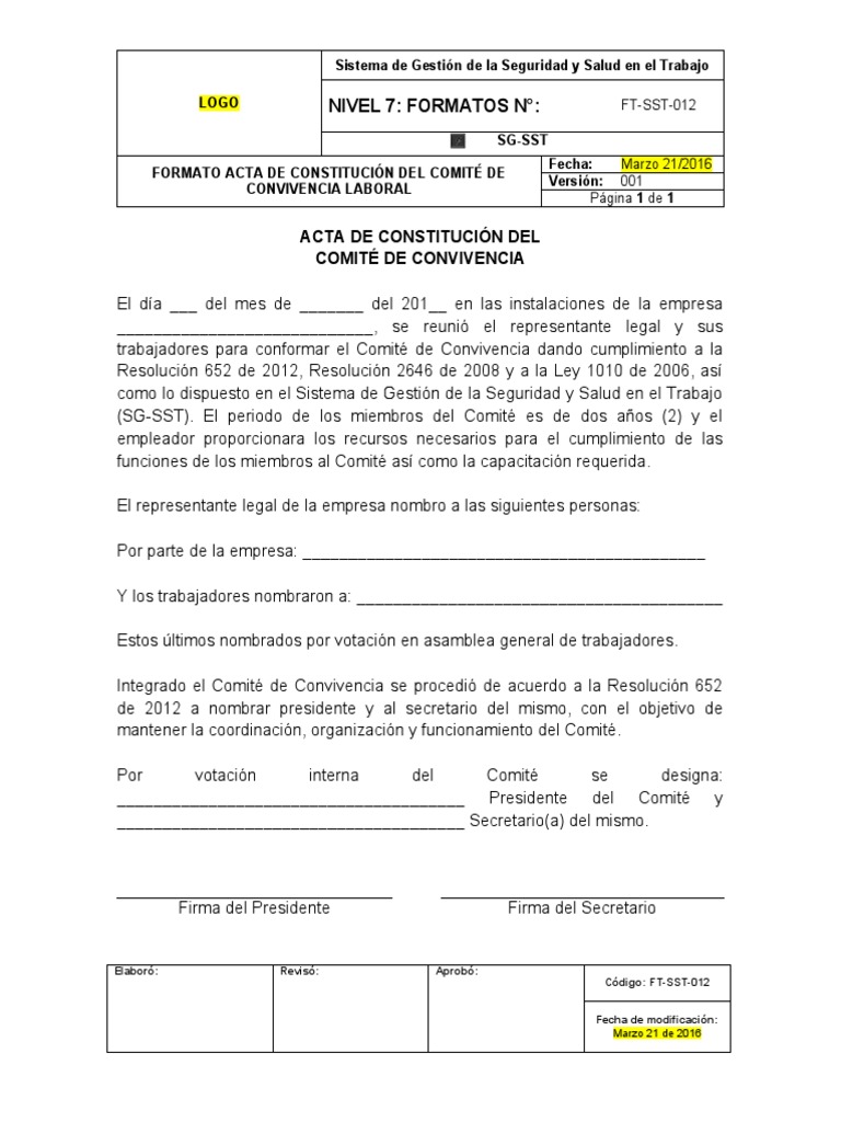 FT-SST-012 Formato Acta de Constitución Del Comité de Convivencia ... FT-SST-012 Formato Acta de Constitución Del Comité de Convivencia ...