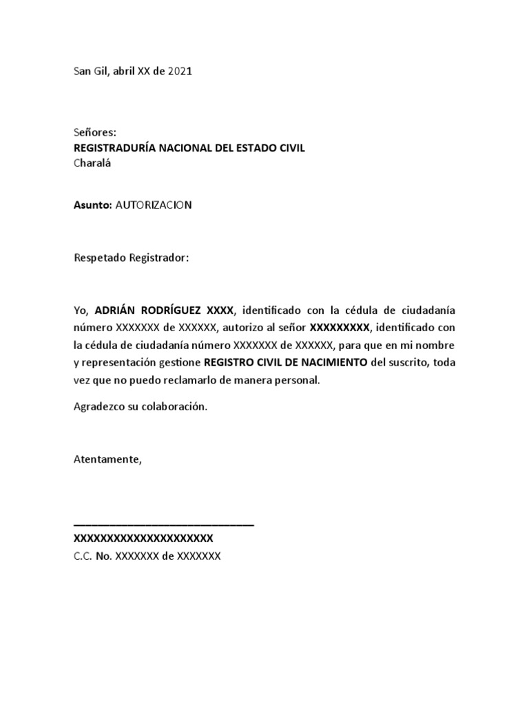 Modelo-carta-Autorizacion Registro Civil de Nacimiento Adrian | PDF