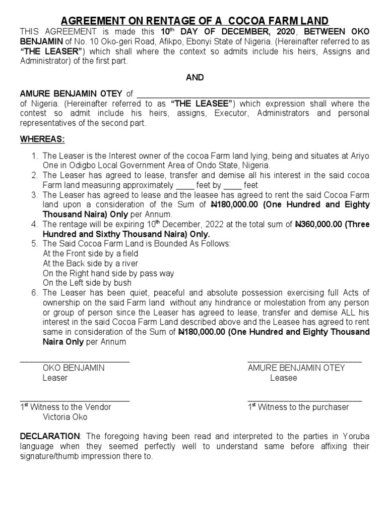 Agreement On Rentage of Cocoa Farm Land | PDF | Lease | Civil Law ...