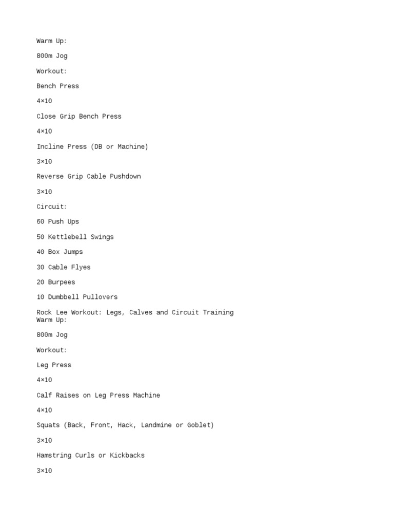Rock Lee Workout: Chest, Back, Legs, Shoulders, Arms and Circuit ...
