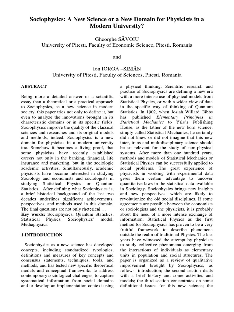 Sociophysics A New Science or A New Doma | PDF | Physics | Sociology