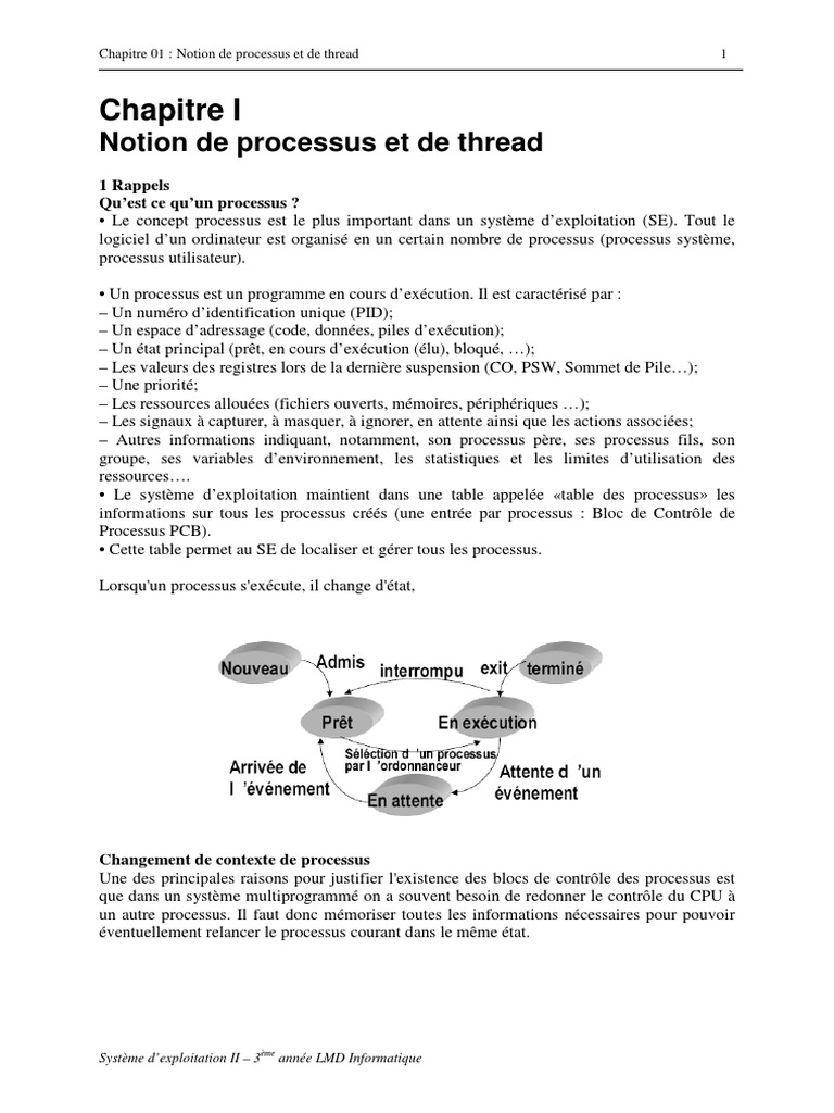 Cours SE2 Chapitre01 | PDF | Thread (informatique) | Processus (informatique)