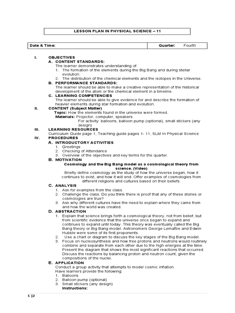 LESSON PLAN IN PHYSICAL SCIENCE (Sample Only) | PDF | Big Bang | Universe