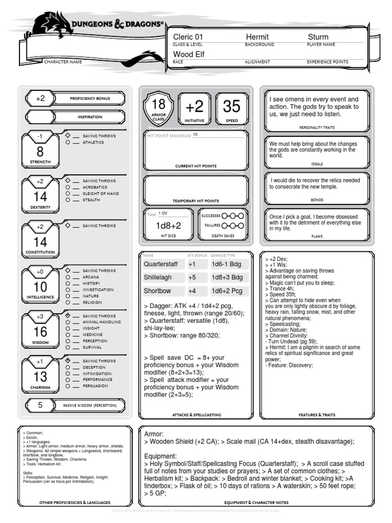 Cleric Character Sheet | Download Free PDF | Role Playing Games