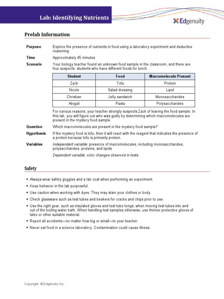 Lab: Identifying Nutrients: Prelab Information | PDF | Experiment ...