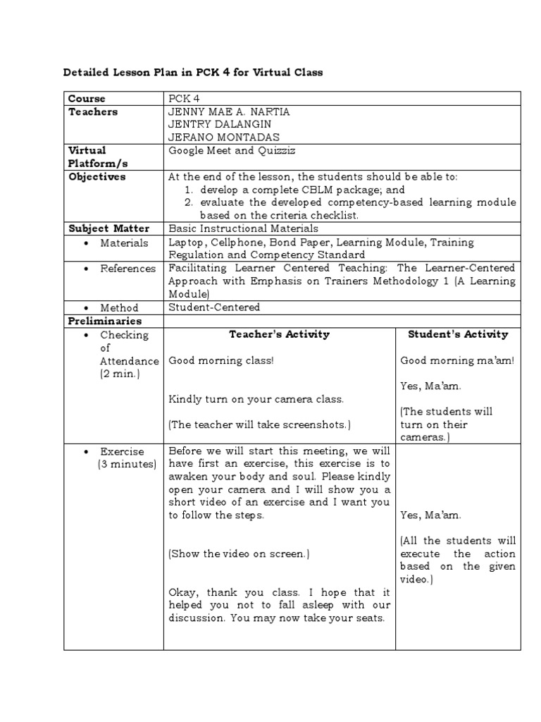 Lesson Plan For Virtual Class | PDF | Lesson Plan | Learning