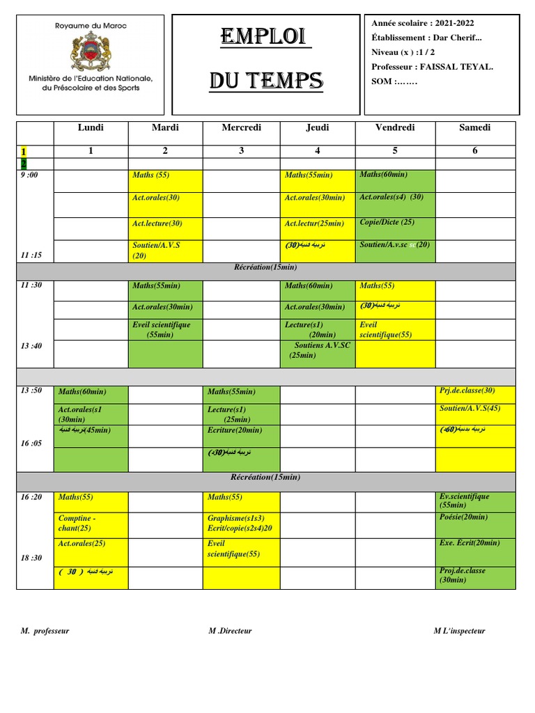 Emploi du Temps Scolaire 2021-2022 | PDF