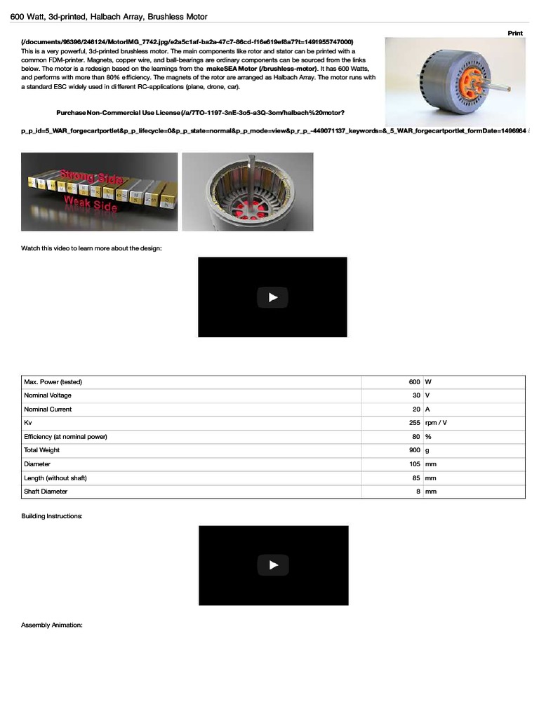 600 Watt, 3d-Printed, Halbach Array, Brushless Motor 600 Watt, 3d ...