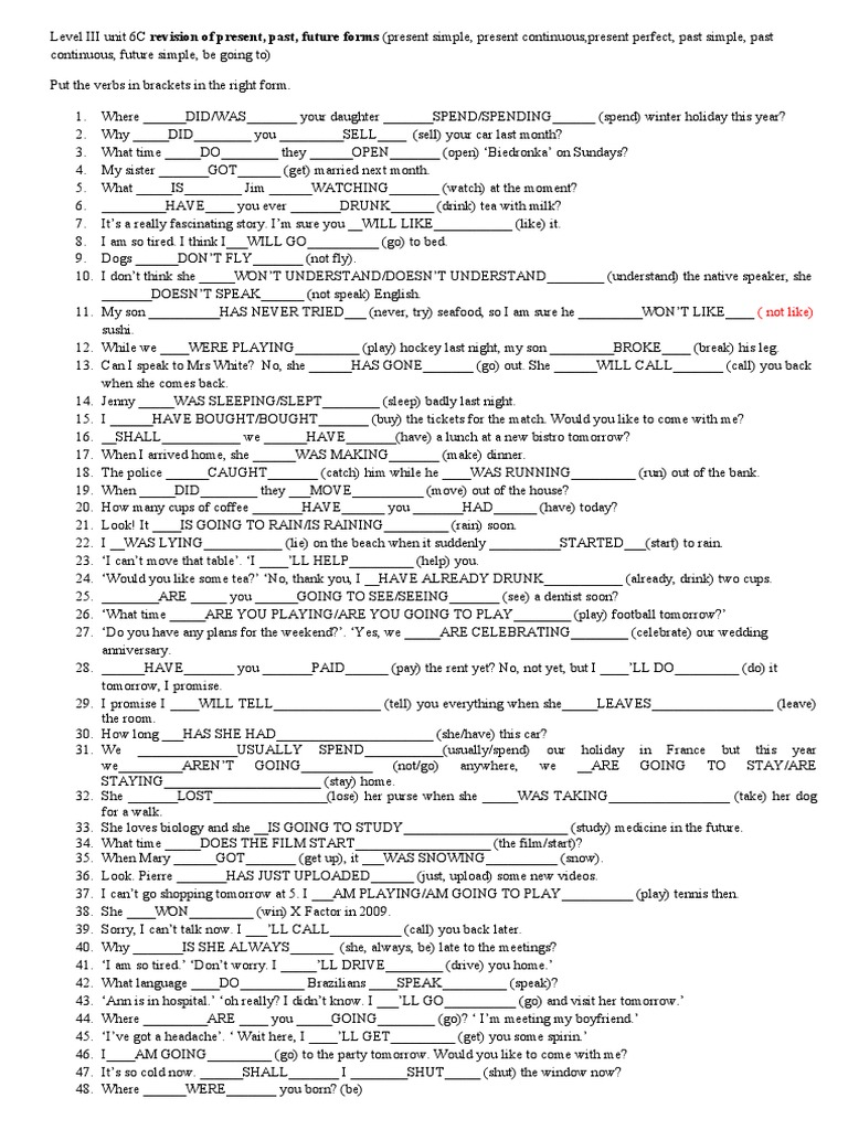 Revision of Present Past Future Tenseskey Grammar Drills - 85999 | PDF