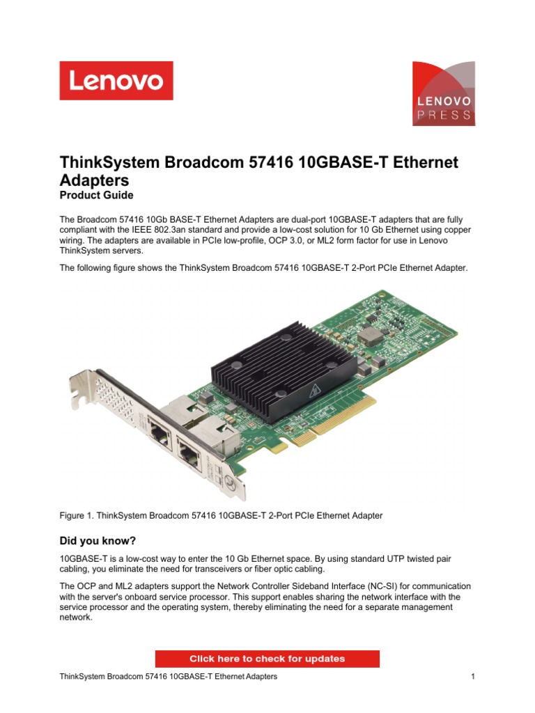 Thinksystem Broadcom 57416 10Gbase-T Ethernet Adapters: Product Guide ...