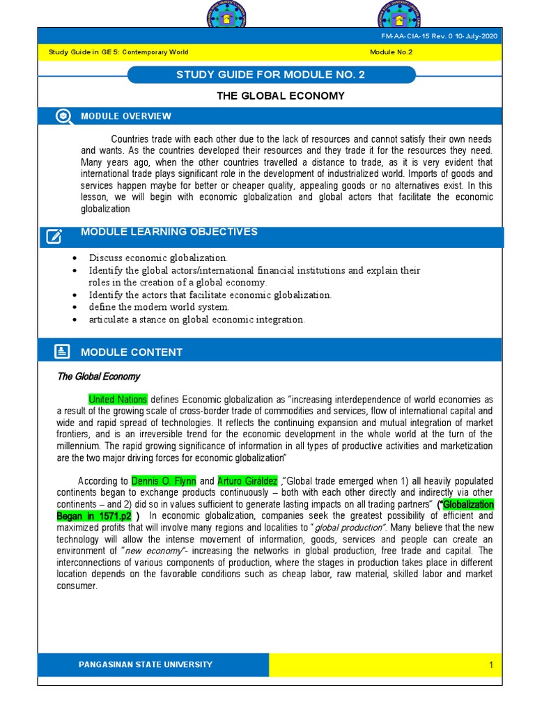 Study Guide For Module No. 2: The Global Economy | PDF | World Politics ...