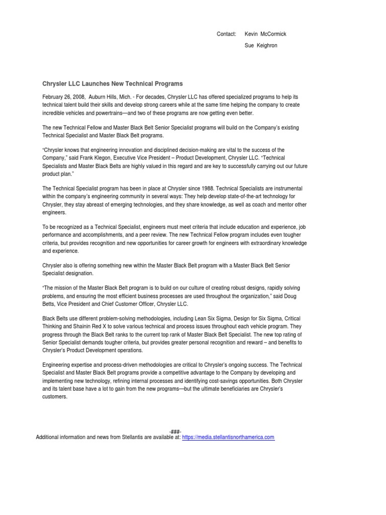 Chrysler LLC Launches New Technical Programs | PDF | Six Sigma | Chrysler