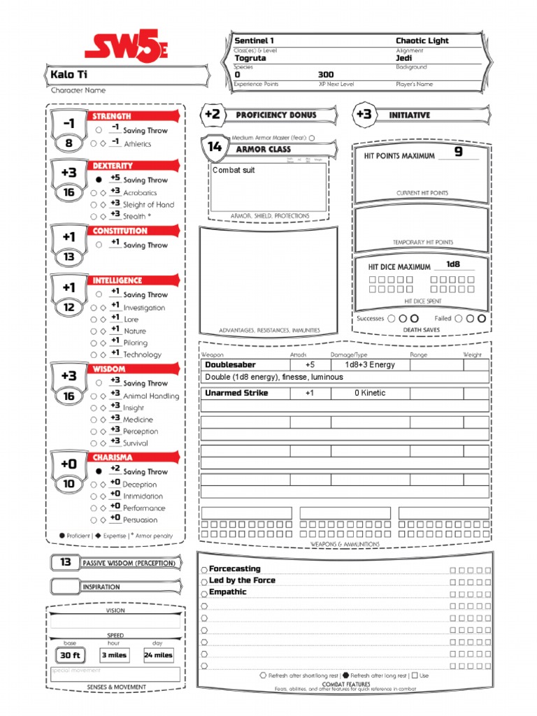 Print Character Sheet - SW5E | PDF