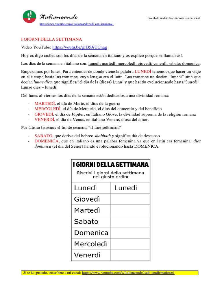 I Giorni Della Settimana | PDF