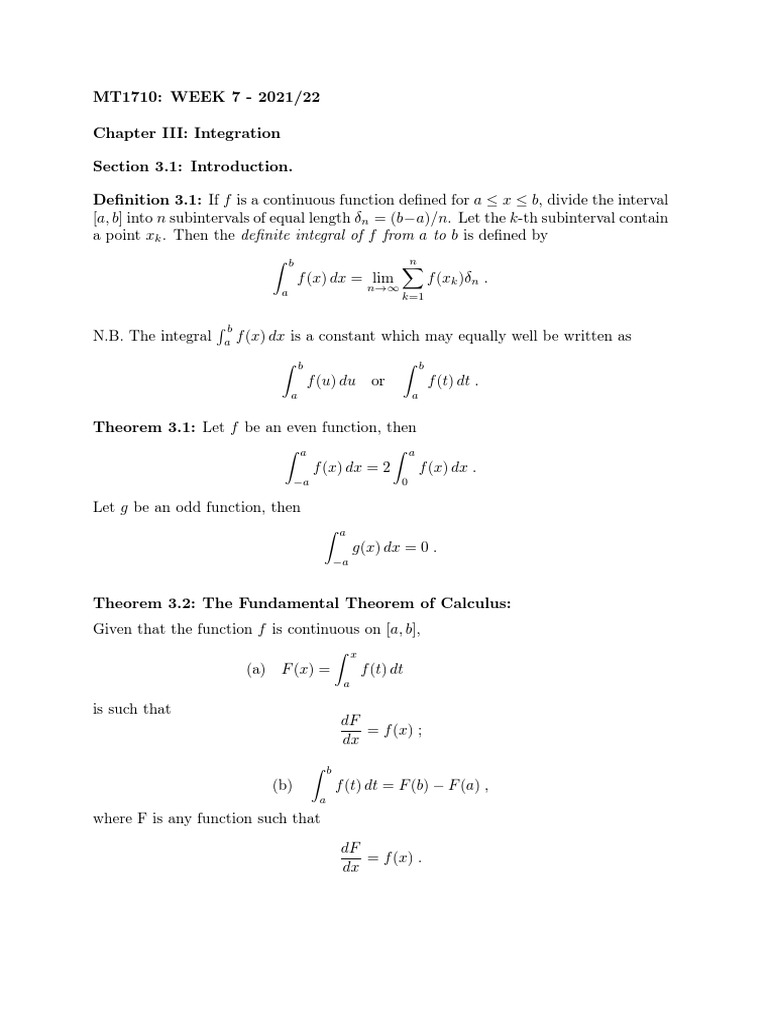 MT171.Week7 SummaryNotes 2122-1 | PDF | Sine | Integral