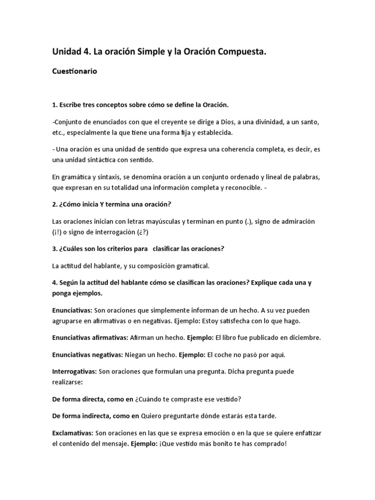 Cuestionario Unidad 4. | PDF | Oración (Lingüística) | Sintaxis