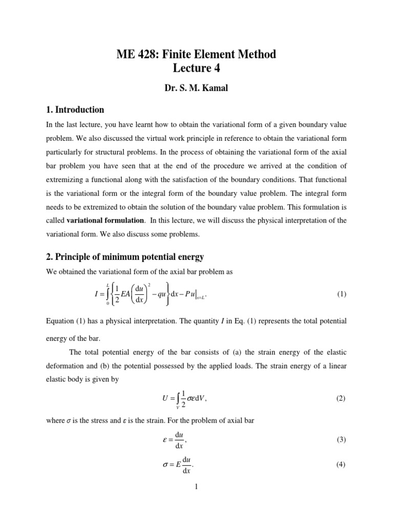 ME 428: Finite Element Method: Dr. S. M. Kamal | PDF | Calculus Of Variations | Elasticity (Physics)